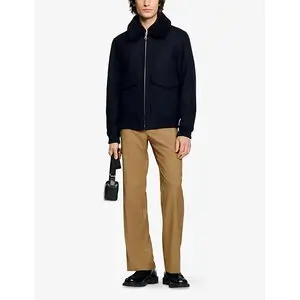 Sandro Wool-blend Aviator Jacket With Shearling Collar - Bleus