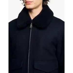 Sandro Wool-blend Aviator Jacket With Shearling Collar - Bleus