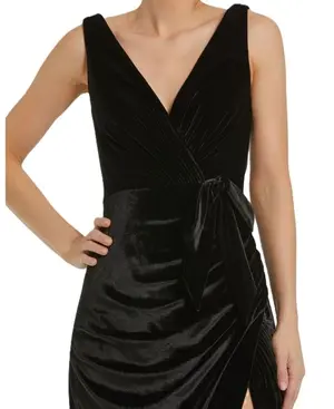 Mac Duggal Deep V High Slit Draped Velvet Fitted Gown