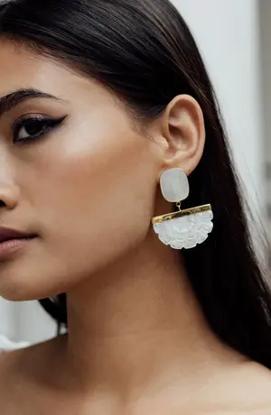 FREYA ROSE Hand Carved Mother Of Pearl Rose Drop Earrings - Gold