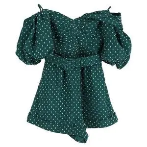 SELF-PORTRAIT Polka Dot Oneshoulder Belted Fil Coupé Romper In Polyester - Green