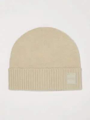 BOSS Wool And Cotton Beanie Hat With Turn-up Cuff And Embroidered Logo Beige