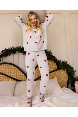 Splendid Hearts Fuzzy Sweater Pj Set - Red