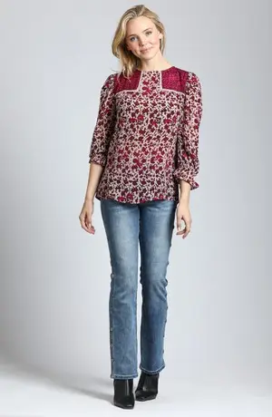 APNY Mixed Media Peasant Top - Red Multi