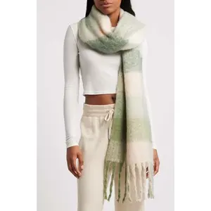 Bp. Fringe Blanket Scarf Green Plaid