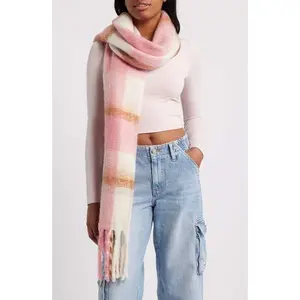 Bp. Fringe Blanket Scarf Pink Plaid