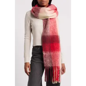 Bp. Fringe Blanket Scarf Red Multi Plaid