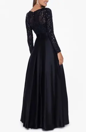 Betsy & Adam Sequin Long Sleeve Ballgown