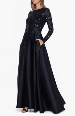 Betsy & Adam Sequin Long Sleeve Ballgown
