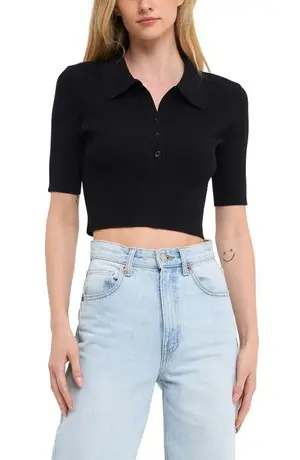 GREY LAB Rib Crop Polo Shirt - Black