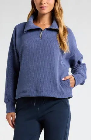 Zella Zella Half-Zip Waffle Stitch Pullover Blue Indigo Marl
