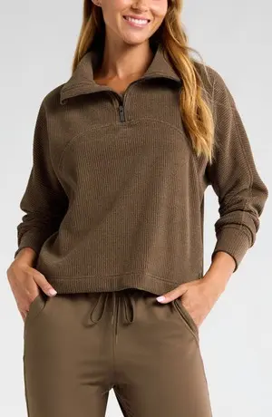 Zella Half-zip Waffle Stitch Pullover - Brown Teak Marl