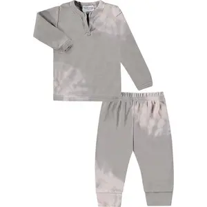 PAIGELAUREN Tie Dye Organic Cotton Blend Rib Henley T-shirt & Sweatpants Set - Gray