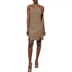 Ming Wang Metallic Tweed Halter Sheath Dress