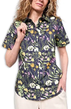 WILDFANG Cotton Button-up Short Sleeve Shirt - Meadow Navy/multi