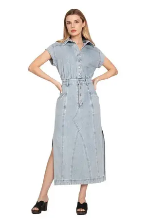 BELLE & BLOOM Denim Midi Shirt Dress - Stonewash