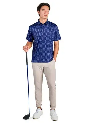 CON.STRUCT Regular Fit Floral Geo Motif Print Recycled Performance Golf Polo - Navy