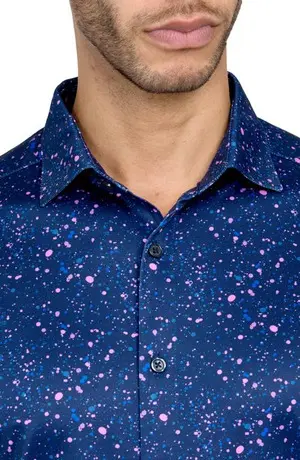 CON.STRUCT Regular Fit Paint Splatter Print Recycled Performance Golf Button-down Shirt - Navy