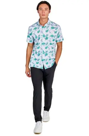 CON.STRUCT Regular Fit Cheetah Leaf Print Recycled Performance Golf Button-down Shirt - White
