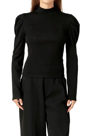 English Factory Puff Shoulder Mock Neck Rib Top