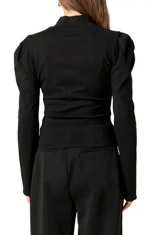English Factory Puff Shoulder Mock Neck Rib Top