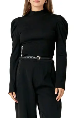 English Factory Puff Shoulder Mock Neck Rib Top - Black
