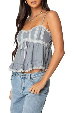EDIKTED Lace Trim Babydoll Camisole - Gray