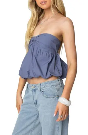 EDIKTED Serina Strapless Bubble Hem Top - Blue