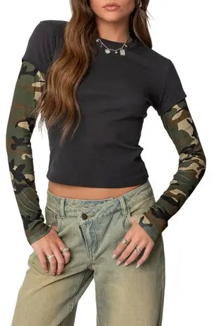 EDIKTED Camo Layered Long Sleeve Crop T-shirt - Dark-gray