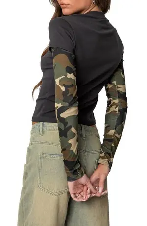 EDIKTED Camo Layered Long Sleeve Crop T-shirt - Dark-gray