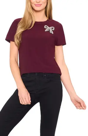 CECE DUPRAZ Embellished Bow T-shirt - Rich Cabernet