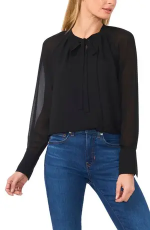 CECE DUPRAZ Tie Neck Georgette Top - Rich Black