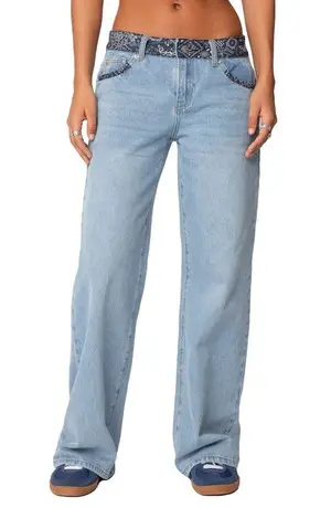 EDIKTED Bandana Trim Wide Leg Jeans - Blue-washed