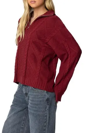 EDIKTED Cable Stitch Oversized Pullover Sweater - Burgundy