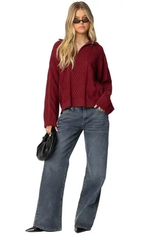 EDIKTED Cable Stitch Oversized Pullover Sweater - Burgundy