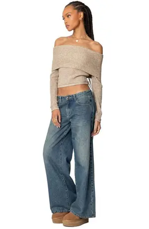 EDIKTED Lili Rib Off The Shoulder Crop Sweater