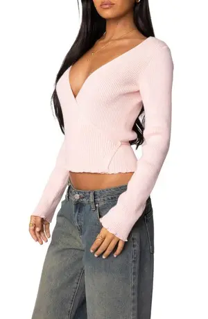 EDIKTED Paden Rib Knit Crop Wrap Top - Light-pink