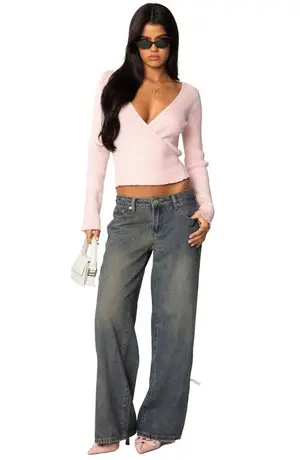 EDIKTED Paden Rib Knit Crop Wrap Top - Light-pink
