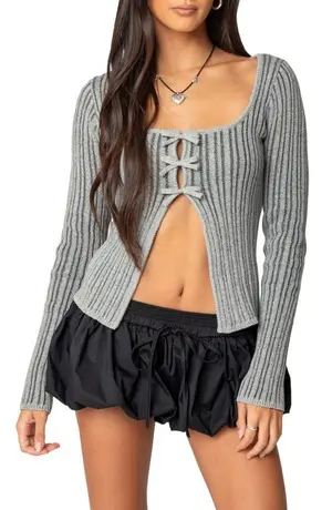 EDIKTED Bow Cutout Ribbed Sweater