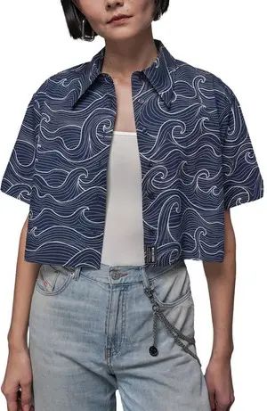 WILDFANG Cropped Button-up Shirt - Leaf Navy