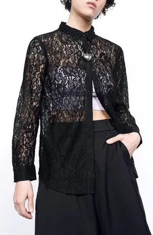 WILDFANG The Empower Long Sleeve Button-up - Black Lace