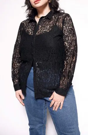 WILDFANG The Empower Long Sleeve Button-up - Black Lace