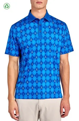 CON.STRUCT Regular Fit Golf Club Argyle Print Recycled Performance Golf Polo - Blue