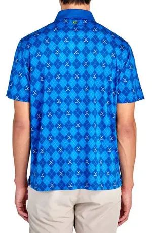CON.STRUCT Regular Fit Golf Club Argyle Print Recycled Performance Golf Polo - Blue