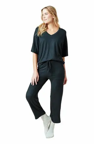 SOFTIES Dream Jersey Relaxed V-neck Capri Lounge Set - Black