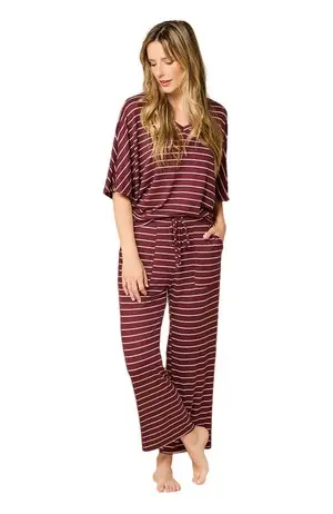 SOFTIES Dream Jersey Relaxed V-neck Capri Lounge Set - Cherry Cola Stripe