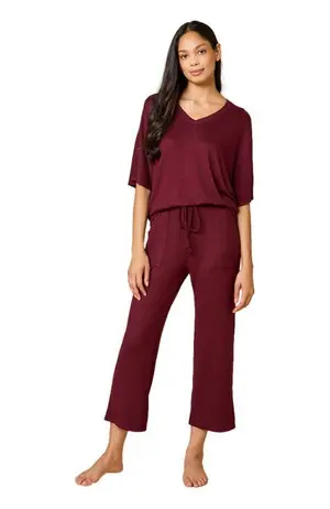 SOFTIES Dream Jersey Relaxed V-neck Capri Lounge Set - Cherry Cola