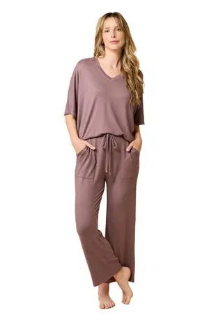 SOFTIES Dream Jersey Relaxed V-neck Capri Lounge Set - Driftwood