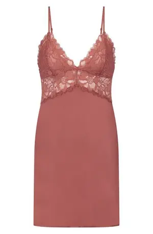 Hunkemoller Ali Lace Trim Satin Chemise - Dusty Cedar
