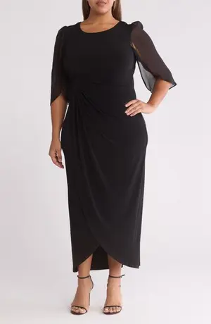 CONNECTED APPAREL Cape Sleeve Faux Wrap Dress - Black